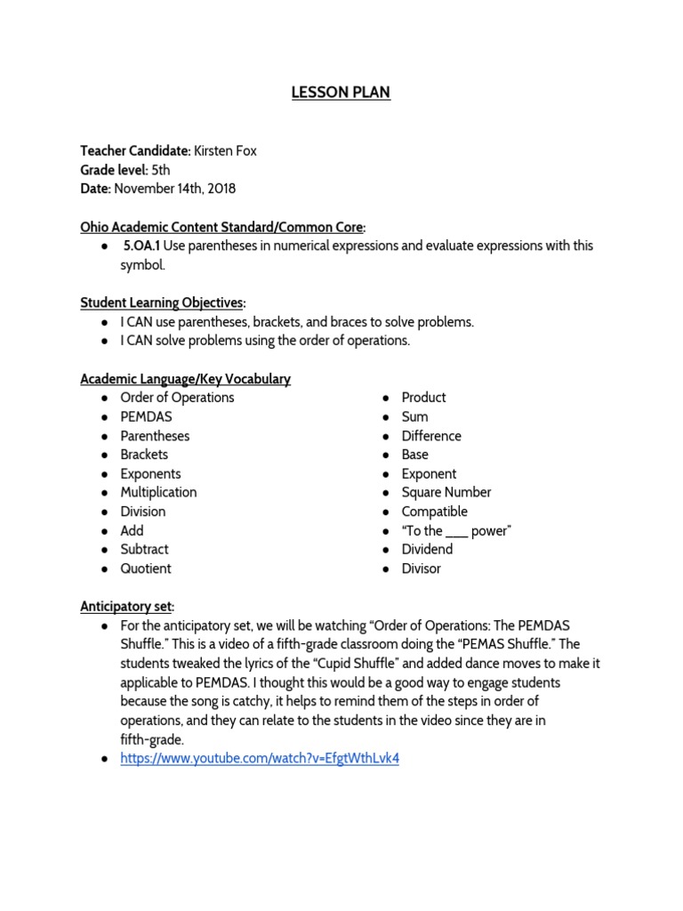 Order of Operations Lesson Observation Five | PDF | Bracket | Pedagogy