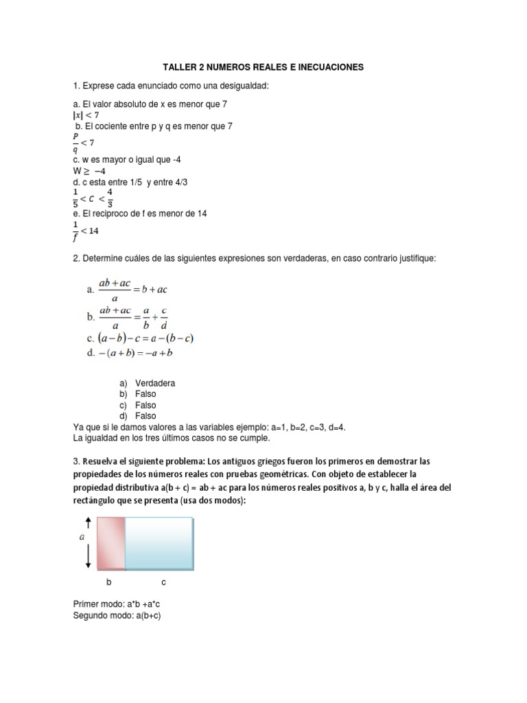 Taller sobre números reales e inecuaciones | PDF | Número Real | Intervalo (Matemáticas)