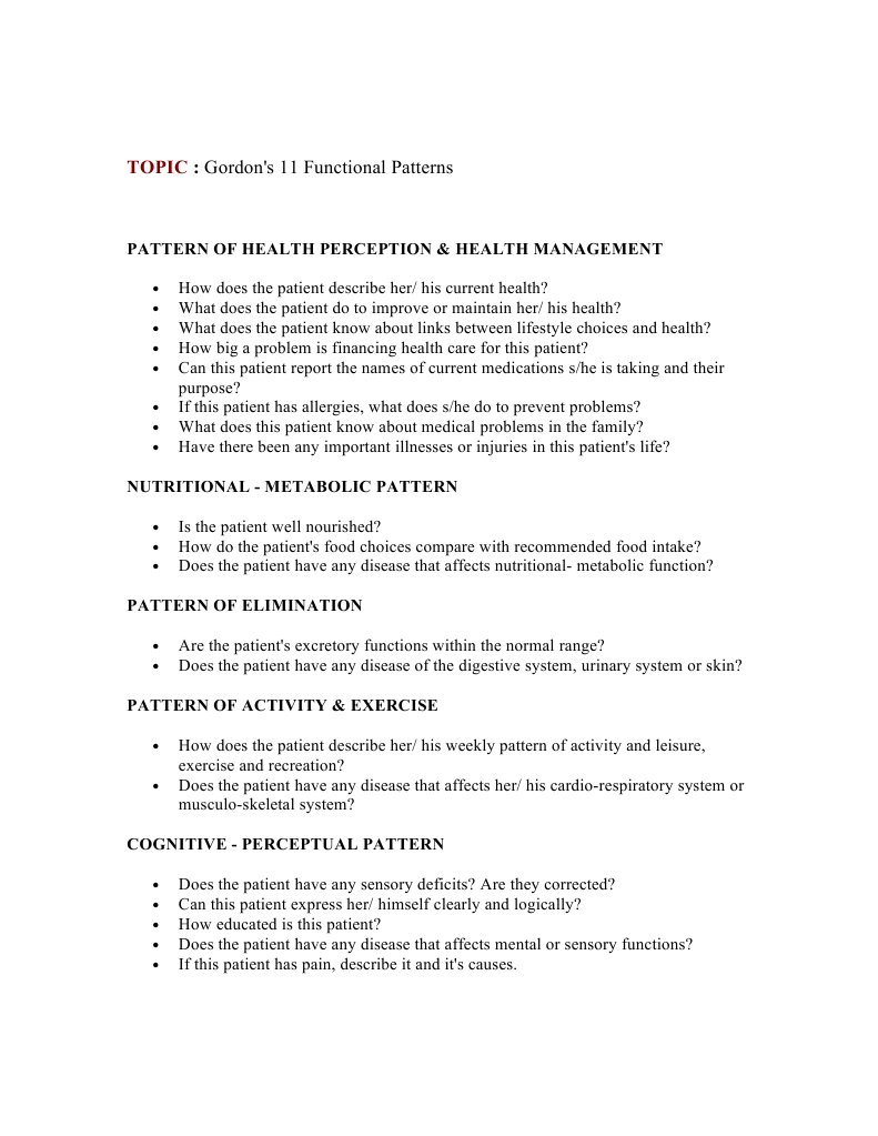 Gordon's Functional Patterns Overview | PDF | Perception | Medical ...