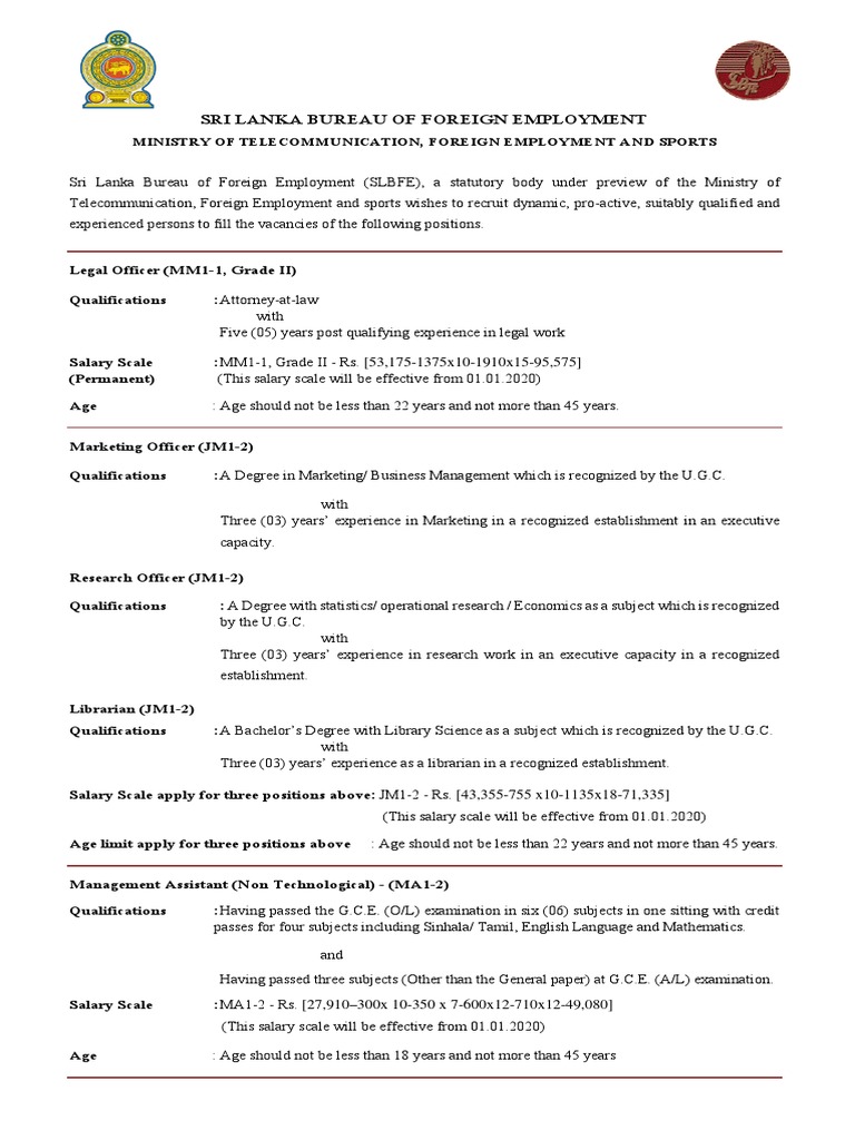 Recruitment Notice for Various Vacancies at the Sri Lanka Bureau of ...