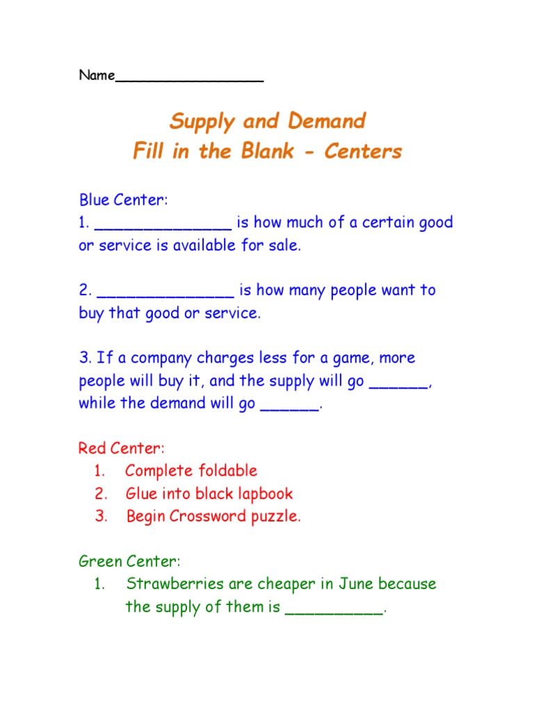 Supply and Demand Fill-in-the-Blank Activity | PDF