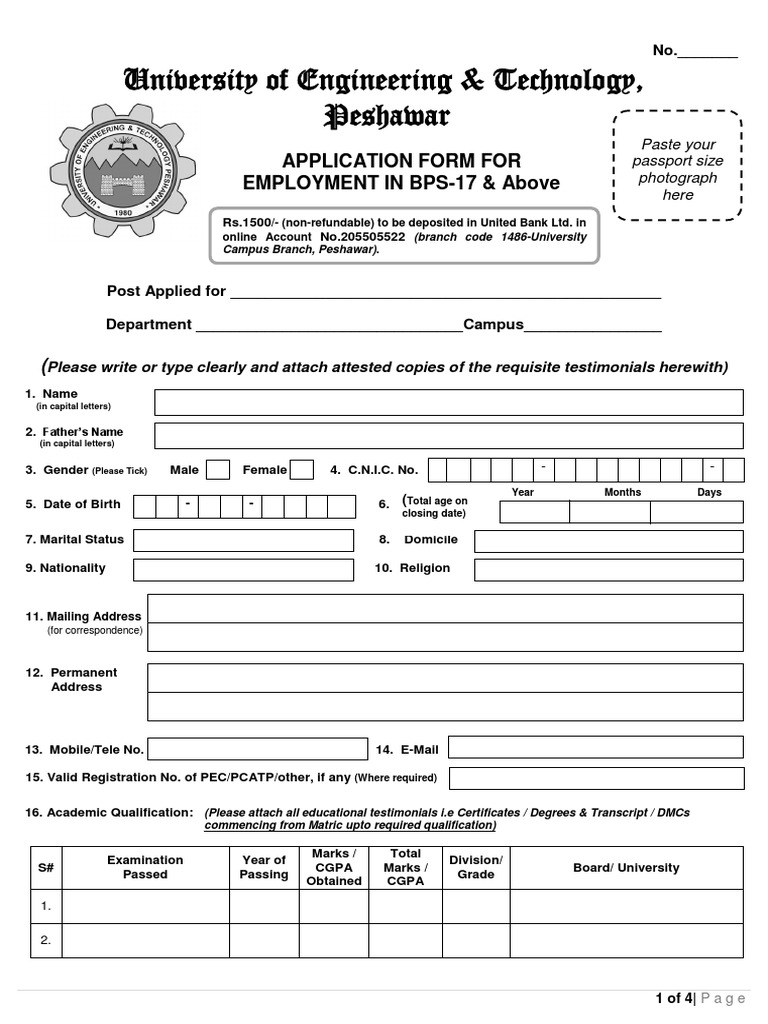 University of Engineering & Technology, Peshawar: Application Form For ...