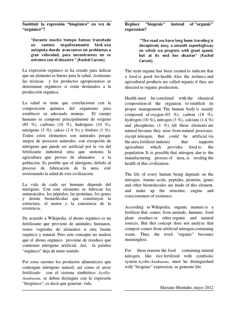 Biogénico vs. Orgánico en Alimentos | PDF | Fertilizante | Urea