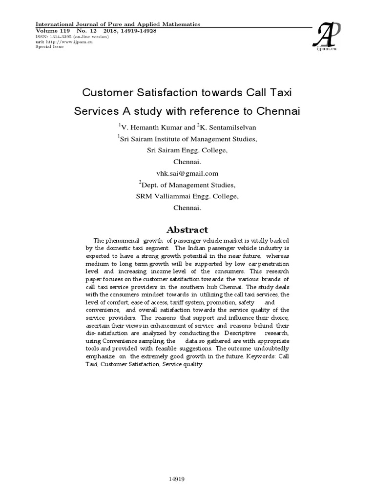Customer Satisfaction Towards Call Taxi Services A Study With Reference ...