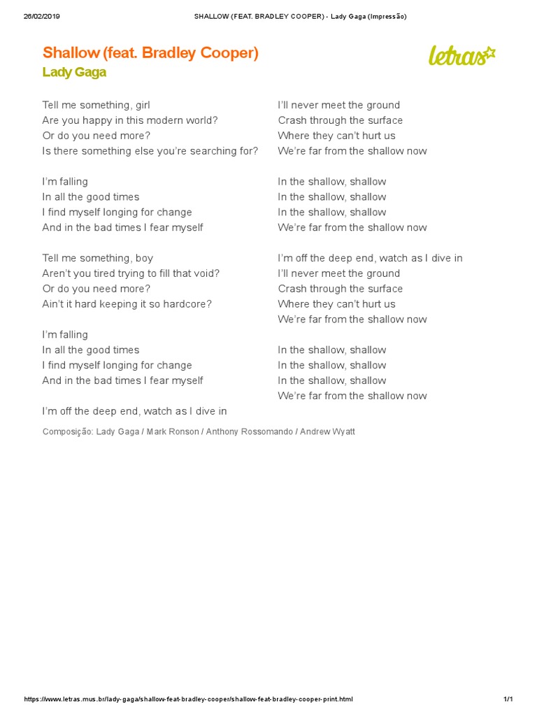 Shallow Lyrics by Lady Gaga & Bradley Cooper | PDF