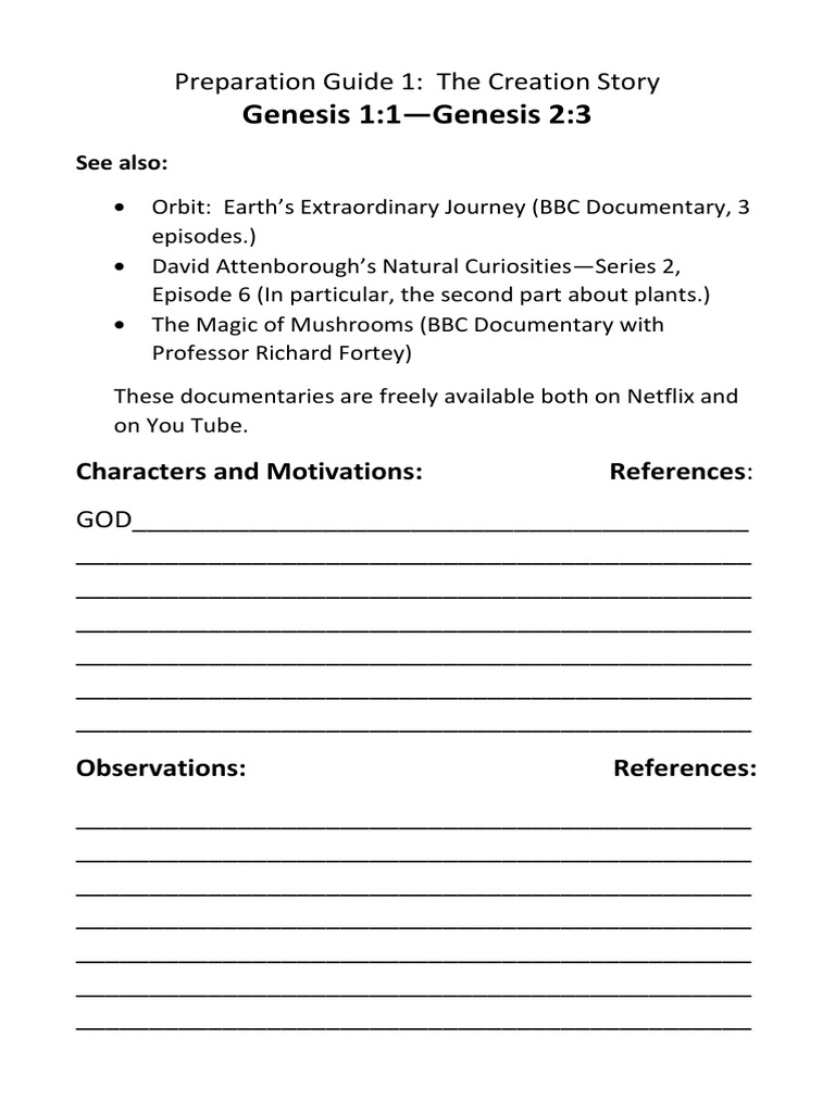 Genesis 1:1-Genesis 2:3: Characters and Motivations: References | PDF ...