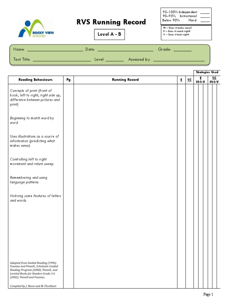 Level A-B - Rvs Running Record PDF | PDF | Reading Comprehension ...