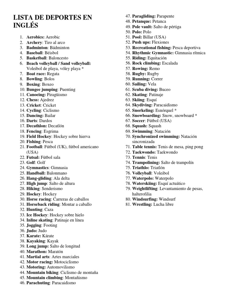 Lista de Deportes | Deportes de equipo | Aficiones