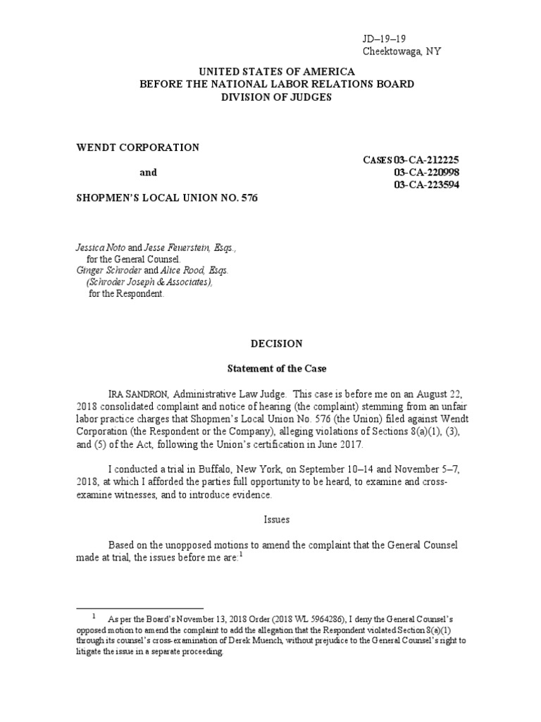 Administrative Law Judges Decision | Testimony | National Labor ...