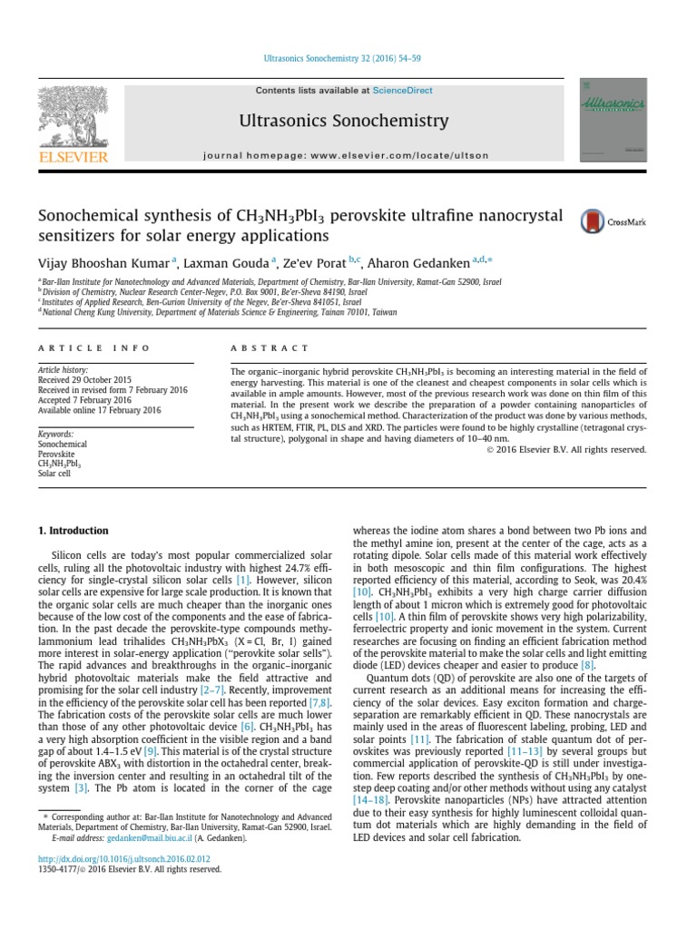 Sonochemical Synthesis of CH3NH3PbI3 Nanocrystals | PDF | Solar Cell ...