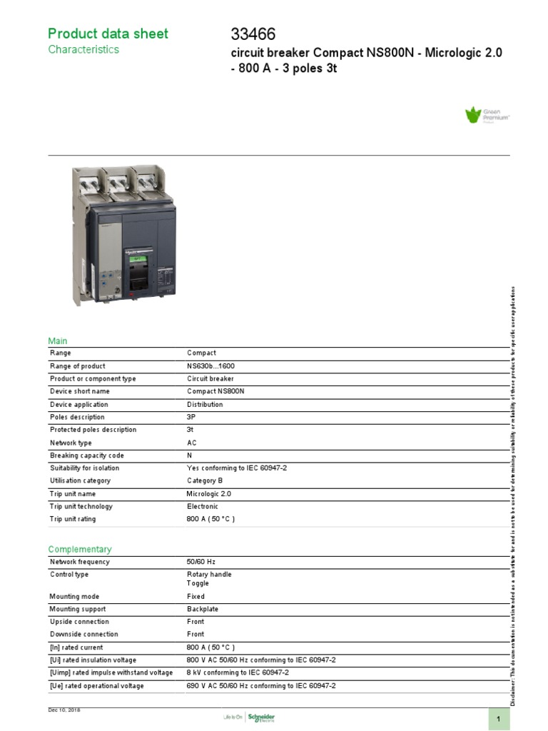 Product Data Sheet: Circuit Breaker Compact NS800N - Micrologic 2.0 ...