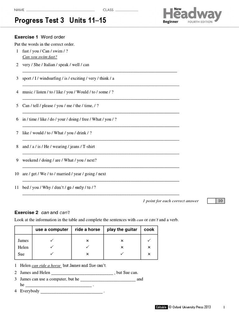 Progress Test 3 Units 11-15: Exercise 1 Word Order | PDF