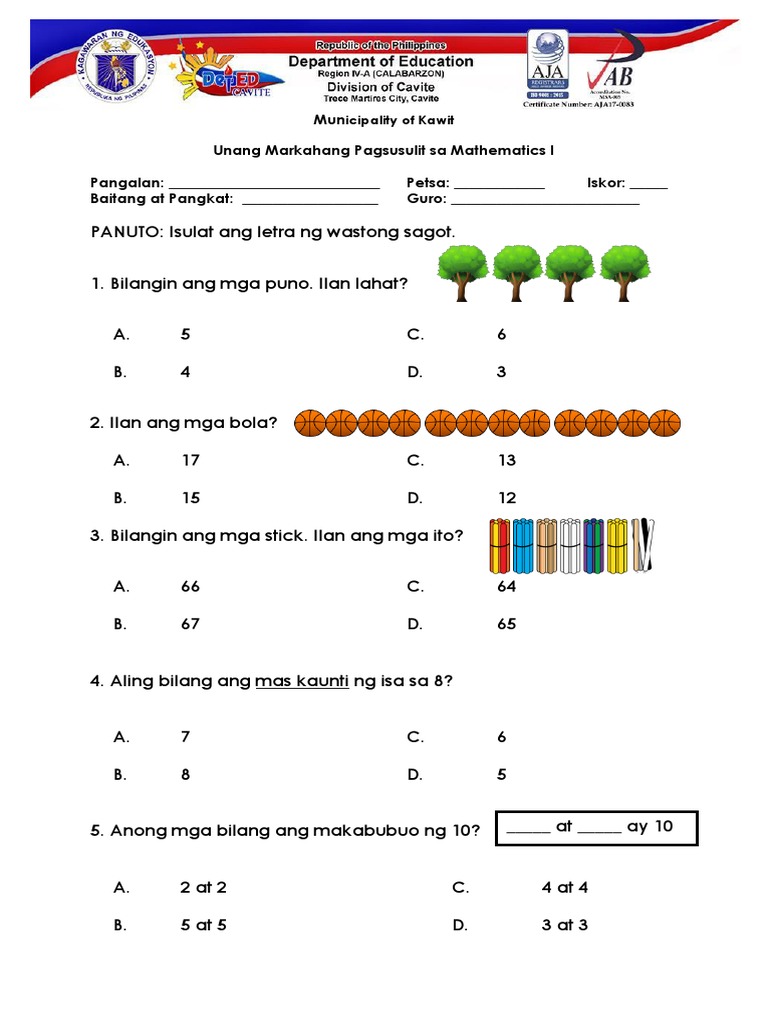 First Quarter Test in Mathematics For Grade One | PDF