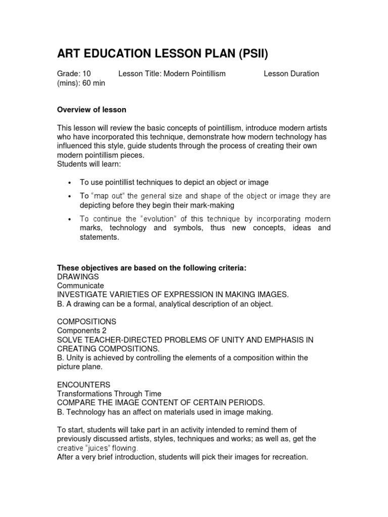 Art Education Lesson Plan ps2 | PDF | Composition (Visual Arts) | Drawing