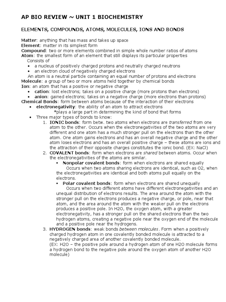 Ap Bio Review Unit 1 Biochemistry: Elements, Compounds, Atoms ...