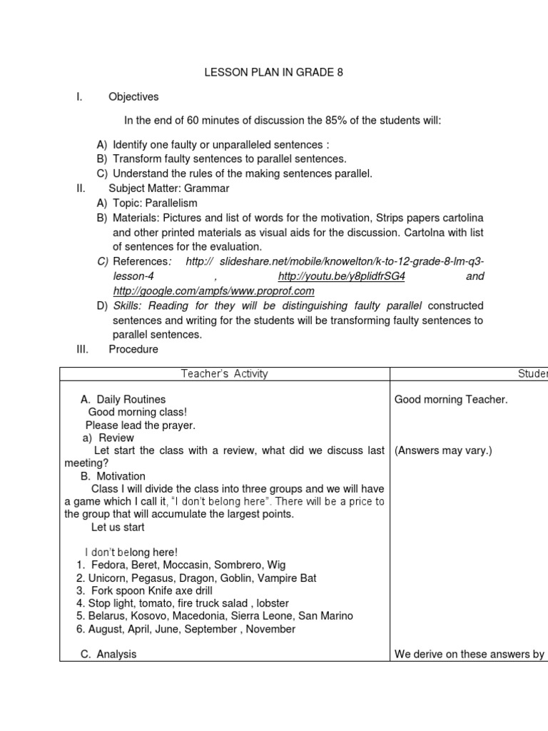Lesson Plan in Grade 8 | PDF | Verb | Adverb