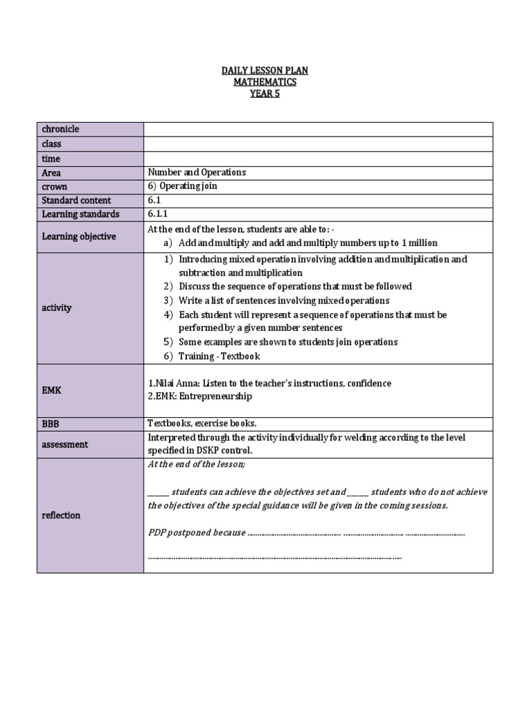 Urutan Operasi dan Tanda Kurung Matematik | PDF | Lesson Plan ...