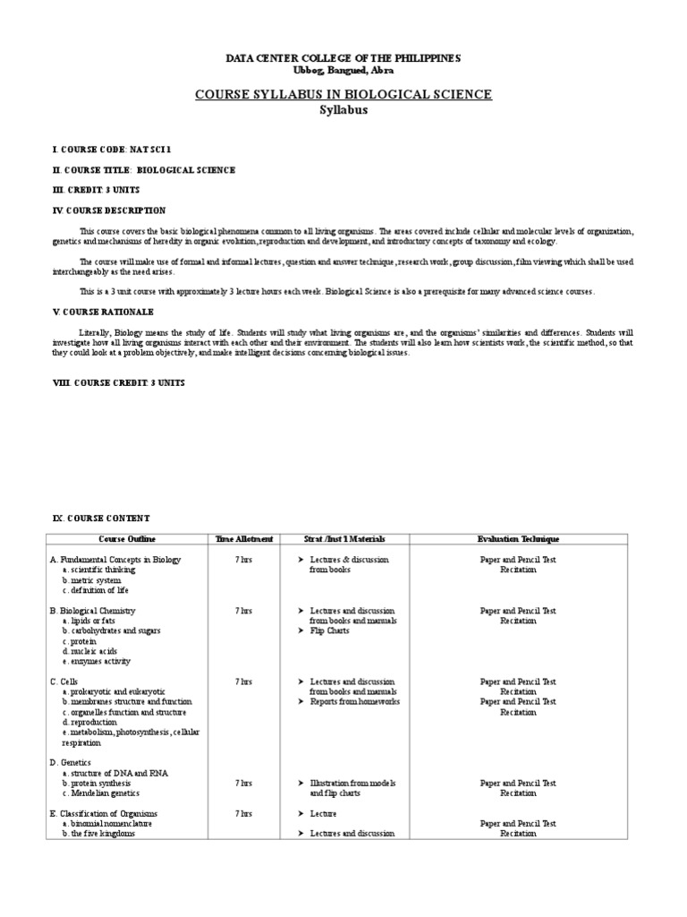 Data Center College Course Syllabus in Biological Science | PDF ...