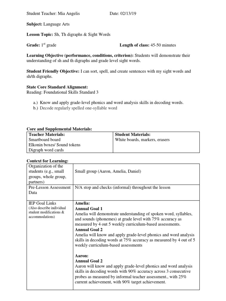 Ei Lesson Plan Language Arts 1st Grade Spring 2019 | Phonics ...