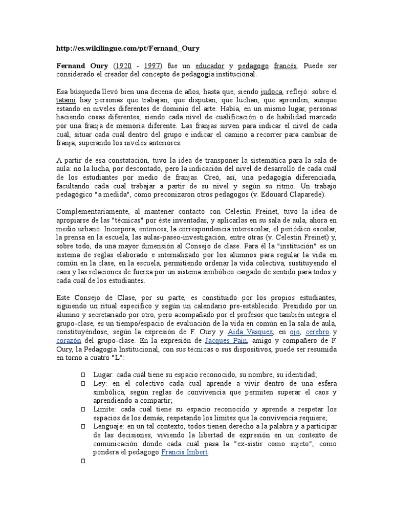 Fernand Oury y la pedagogía institucional | PDF | Psicoanálisis | Sicología