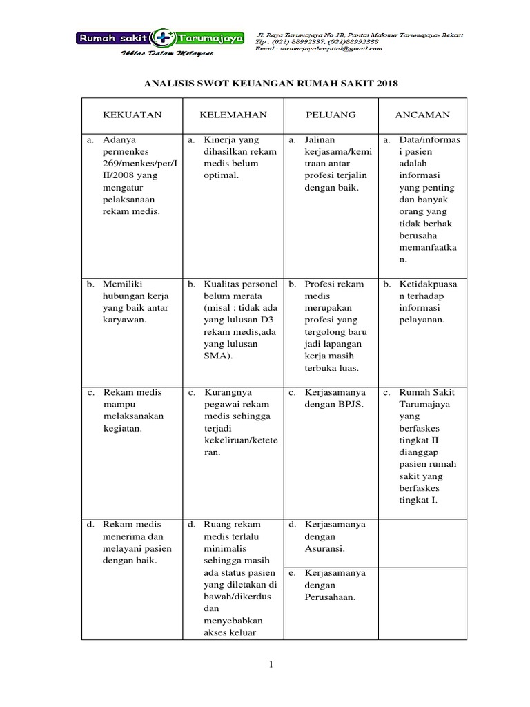 Analisis SWOT Rumah Sakit 2018 | PDF