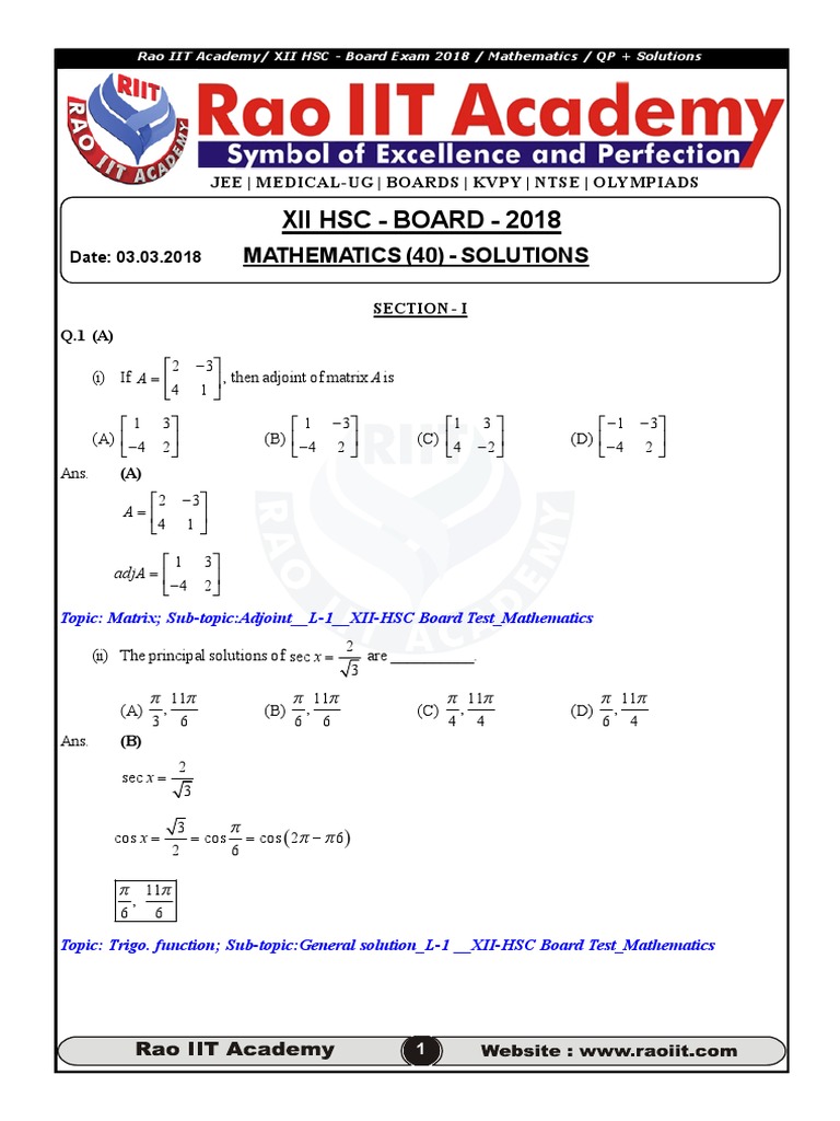 XII-HSC Board Paper Maths Solutions | PDF | Maxima And Minima | Line ...
