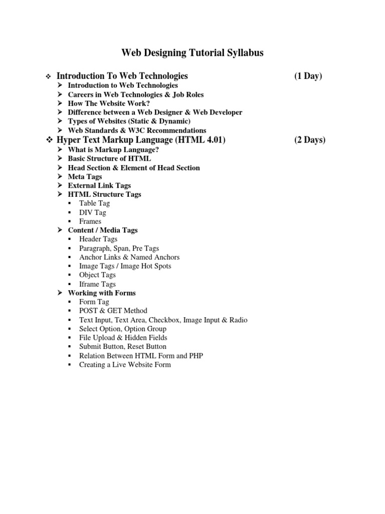 Web Designing Tutorial Syllabus | PDF | Html Element | Html