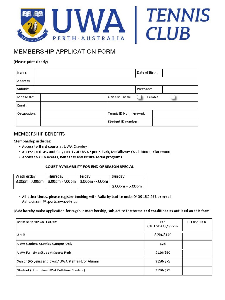 UWA Tennis Club Membership Form | PDF | Personally Identifiable ...