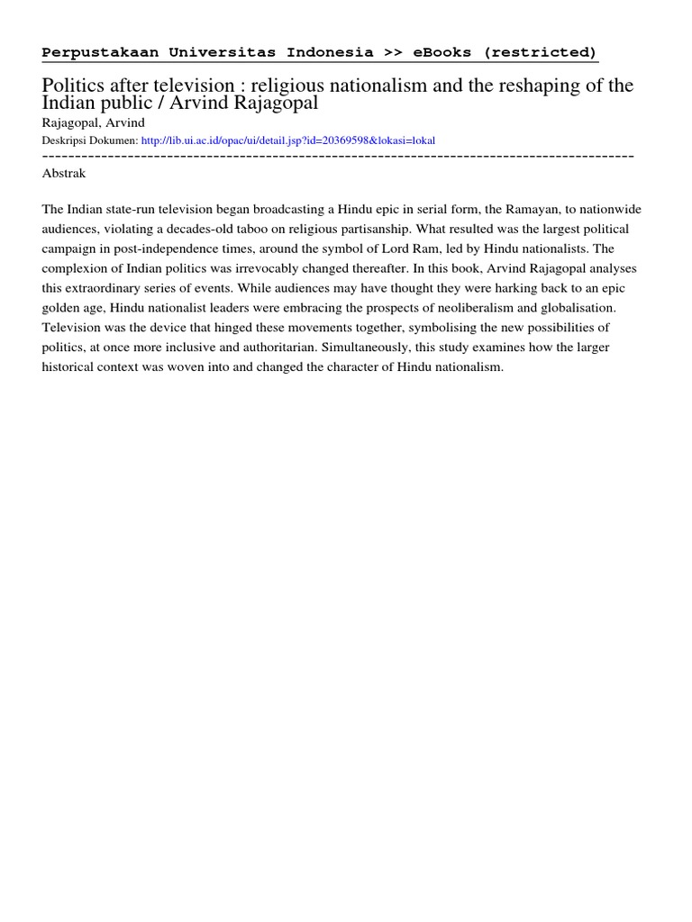 Politics After Television: Religious Nationalism and The Reshaping of ...