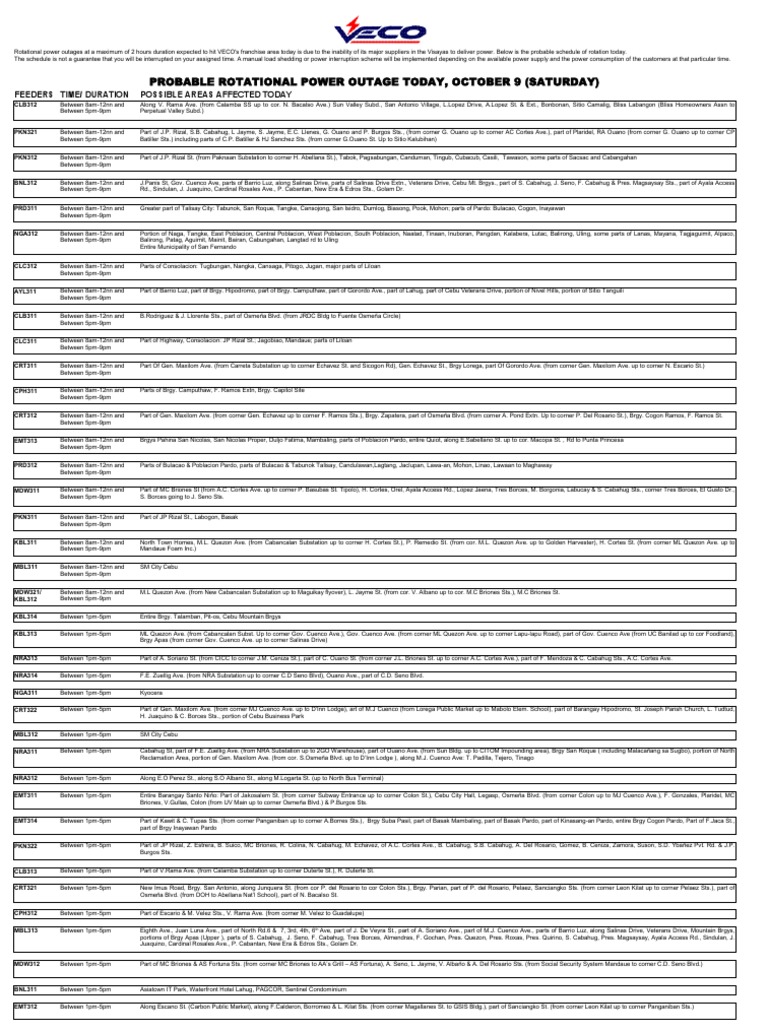 October 9 VECO Power Interruption Schedule | PDF