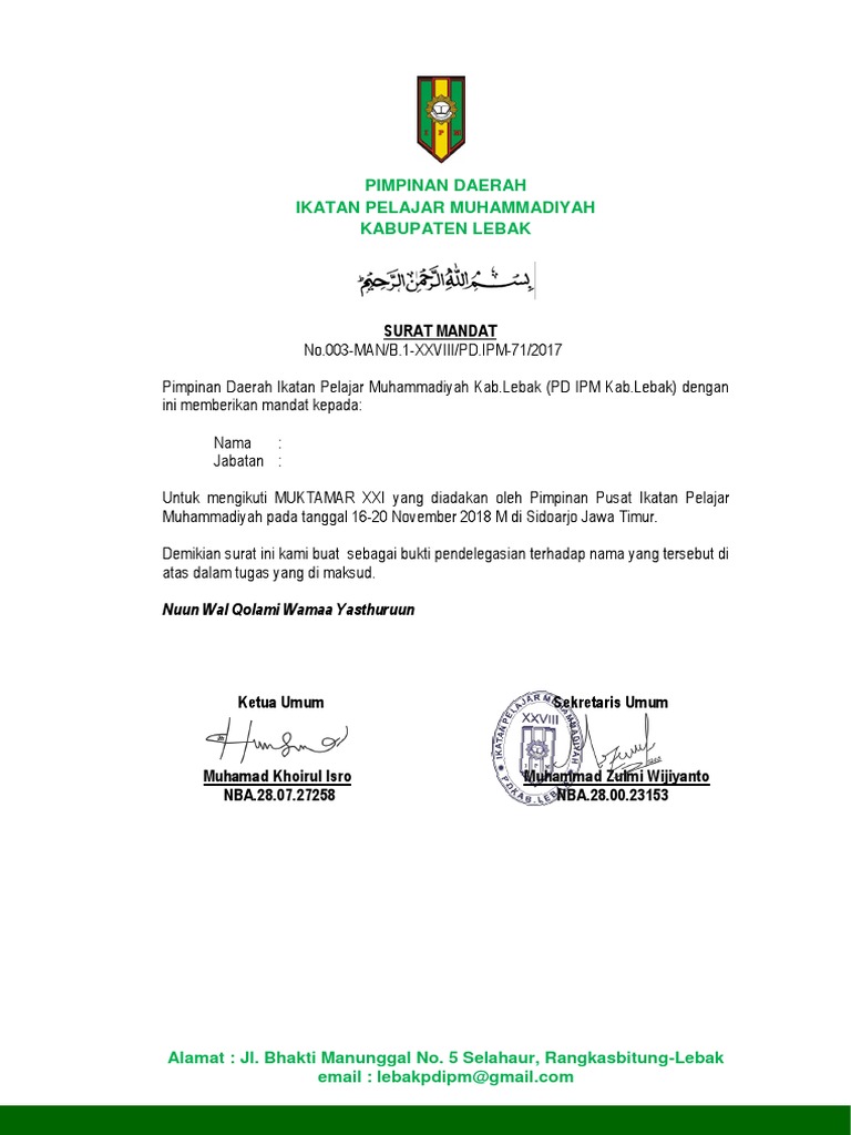 Surat Mandat IPM untuk Muktamar XXI | PDF