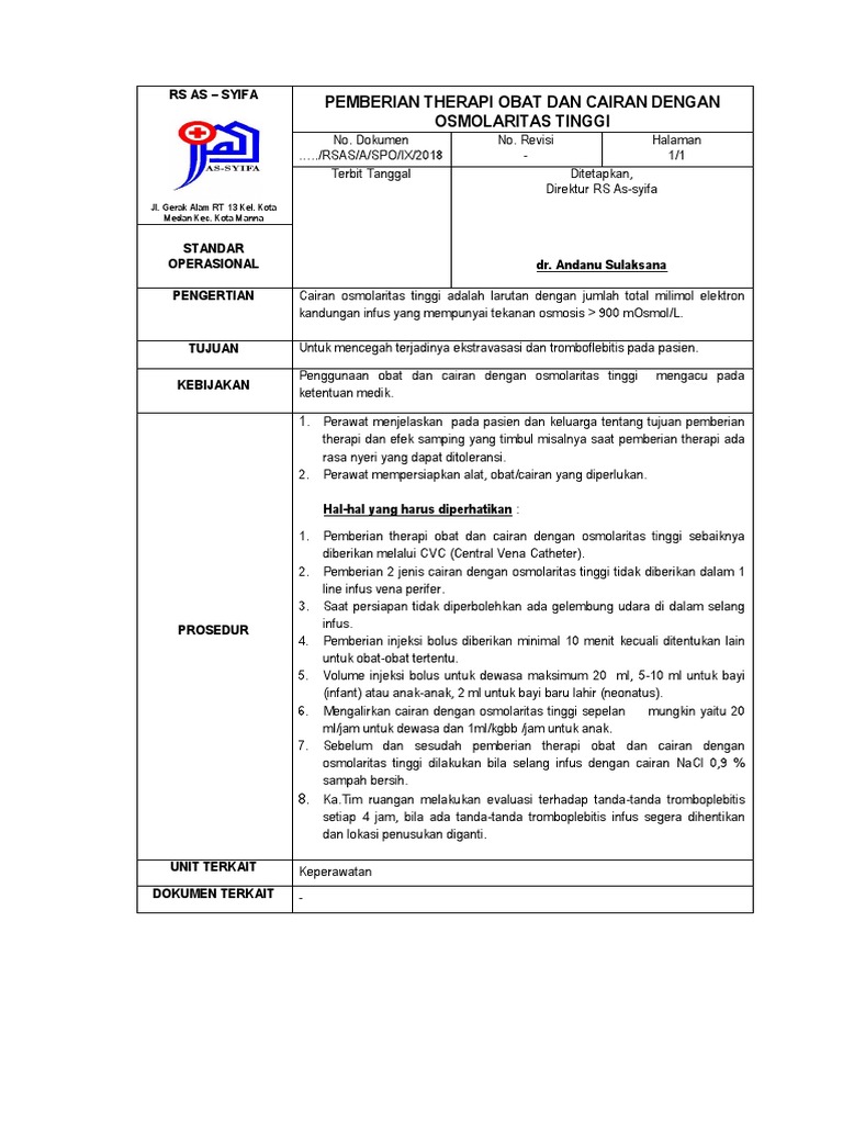 Sop Pemberian Terapi Obat Dan Cairan Dengan Osmolaritas Tinggi | PDF