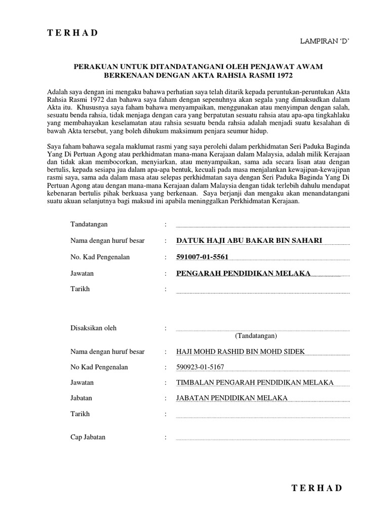 Borang Akta Rahsia Rasmi 1972 | PDF