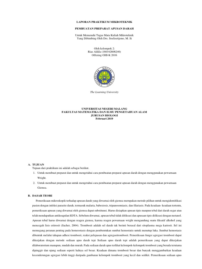 Laporan Praktikum Apusan Darah Giemsa | PDF