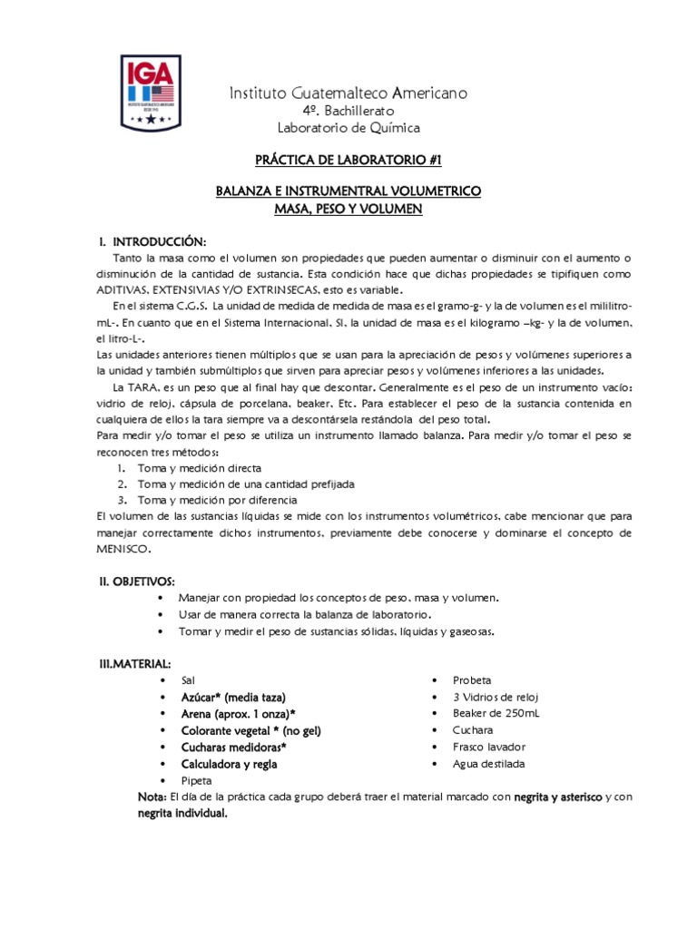 Instructivo No.1 Masa y Volumen | PDF | Medición | Volumen