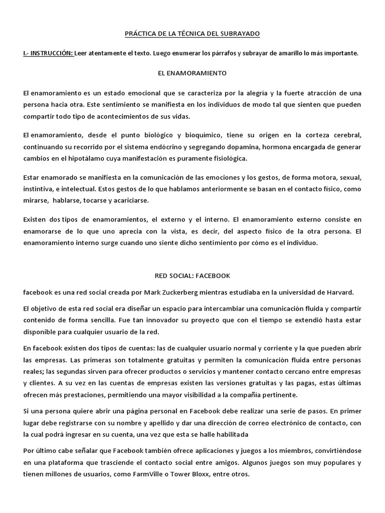Práctica de La Técnica Del Subrayado | PDF | Facebook | Servicio de redes sociales
