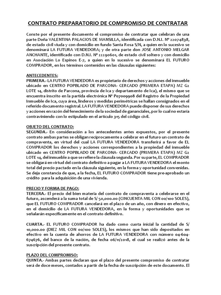 Contrato Preparatorio de Compromiso de Contratar | PDF | Derecho privado | Virtud