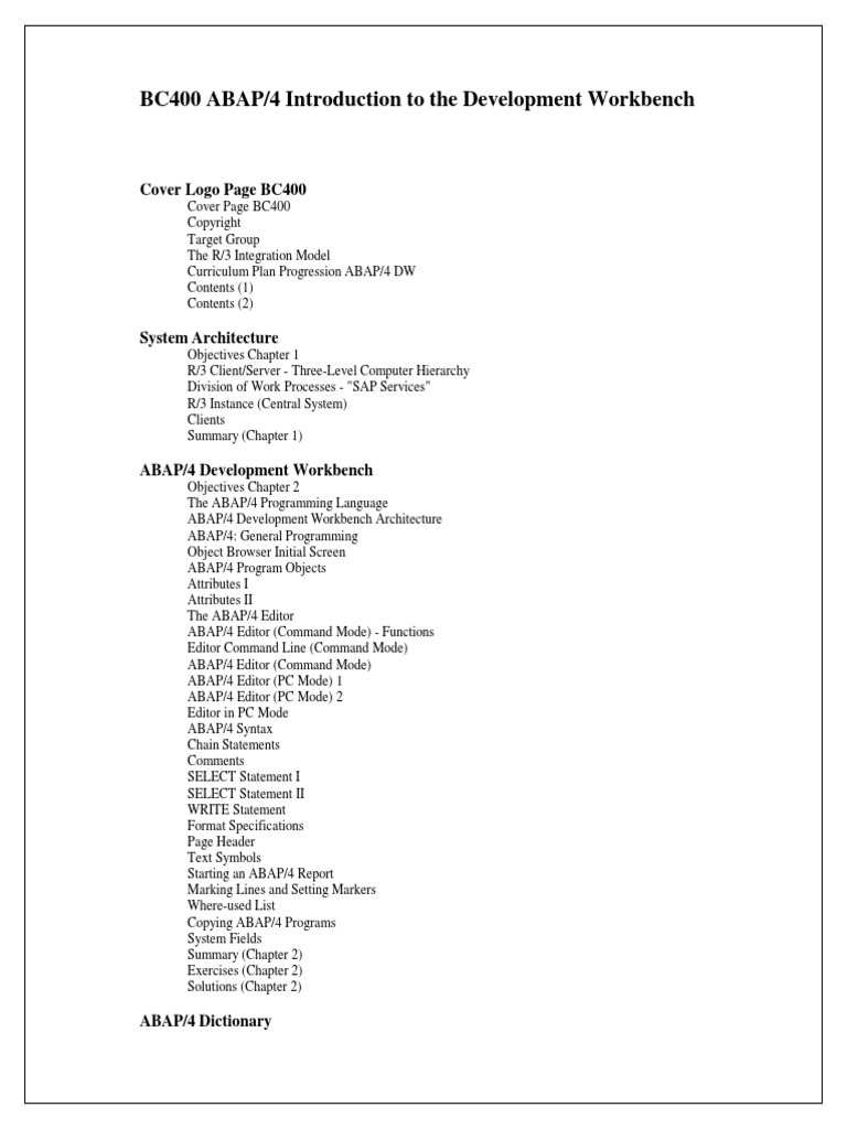 BC400 ABAP/4 Introduction To The Development Workbench: Cover Logo Page BC400 | PDF | Parameter ...