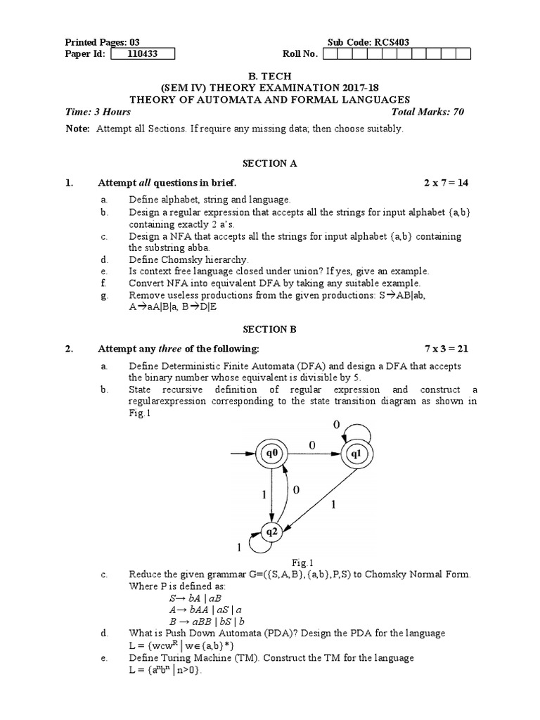 Theory of Automata Formal Languages RCS403 PDF | PDF | Theoretical Computer Science | Formal Methods