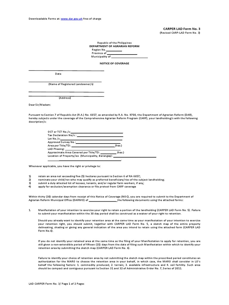 CARPER LAD Form No. 3 Notice of Coverage | PDF | Social Institutions ...