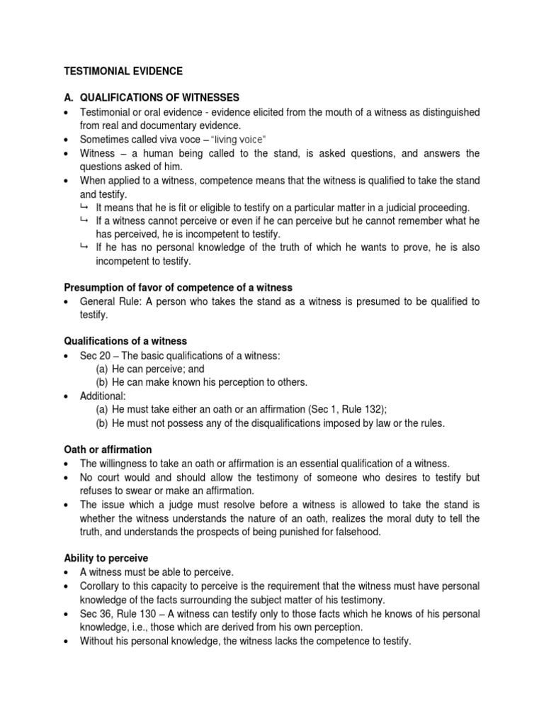 Testimonial Evidence A. Qualifications of Witnesses | PDF | Witness ...