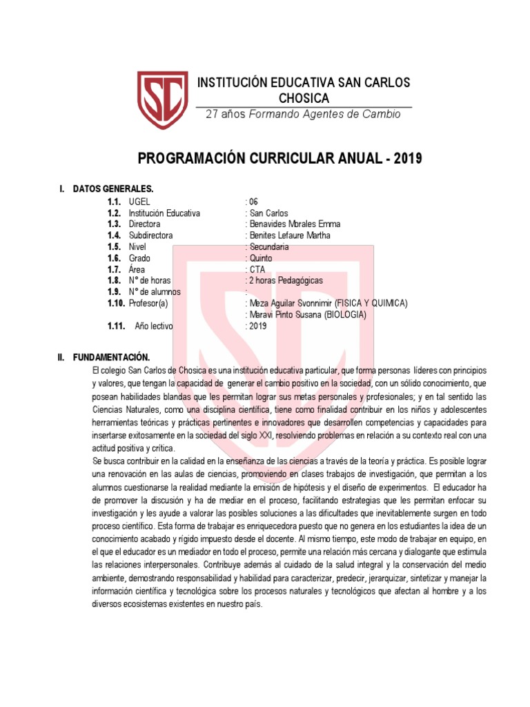 Programación Curricular Anual de Ciencias Naturales para Quinto Grado de Secundaria en el ...