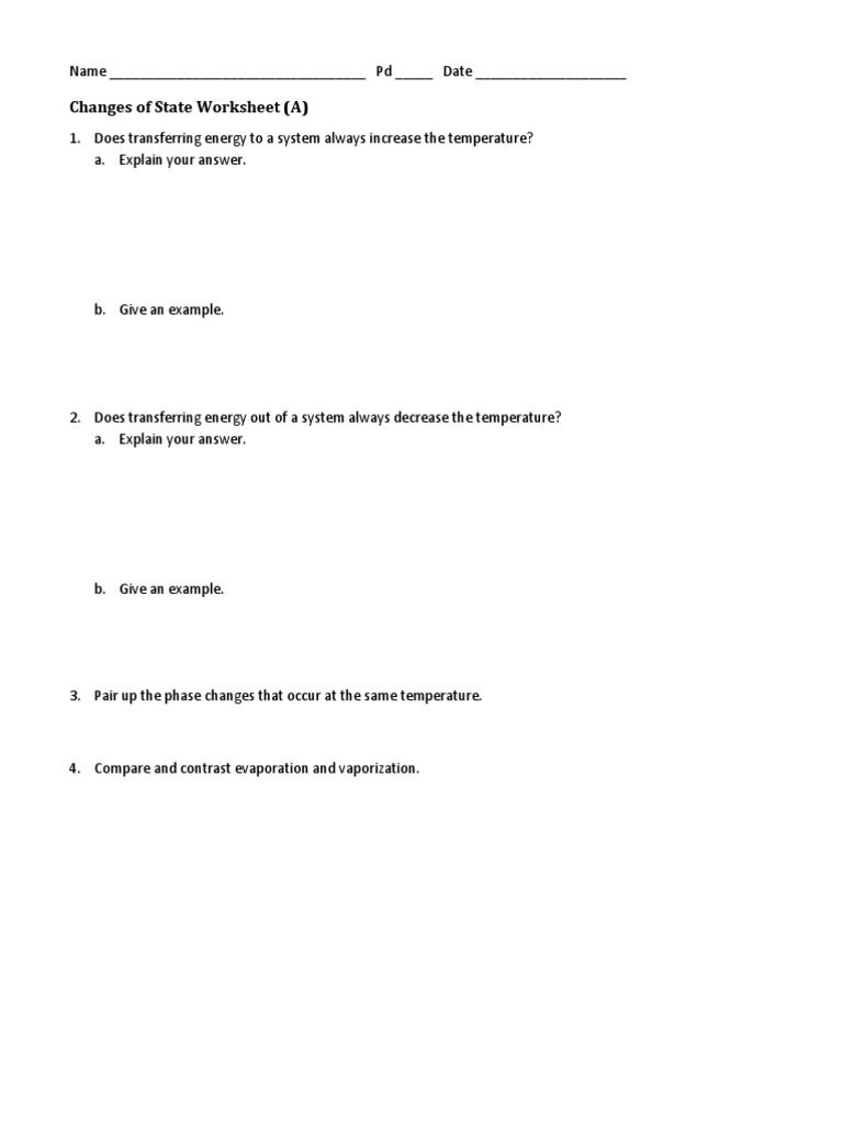 Changes of State Worksheet | PDF | Phase (Matter) | Ice