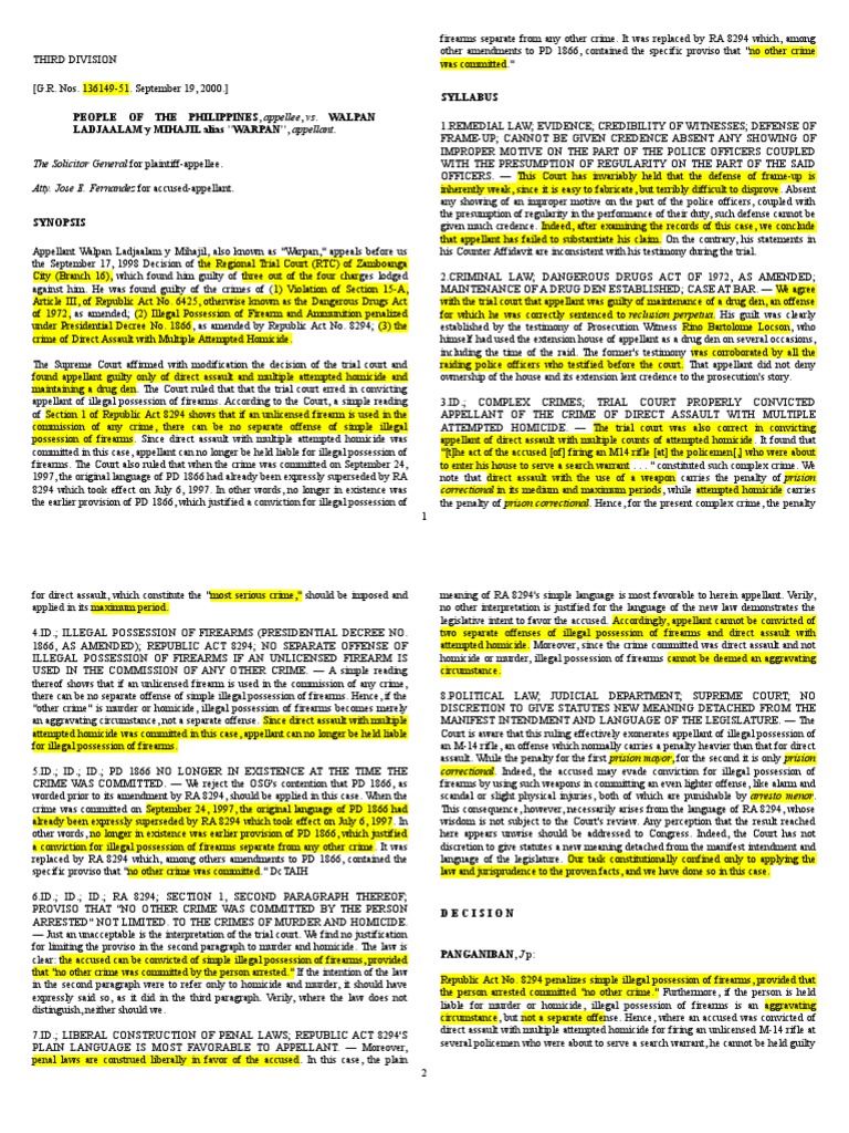 SPL - Cases For RA 8294 | PDF | Assault | Crime & Violence