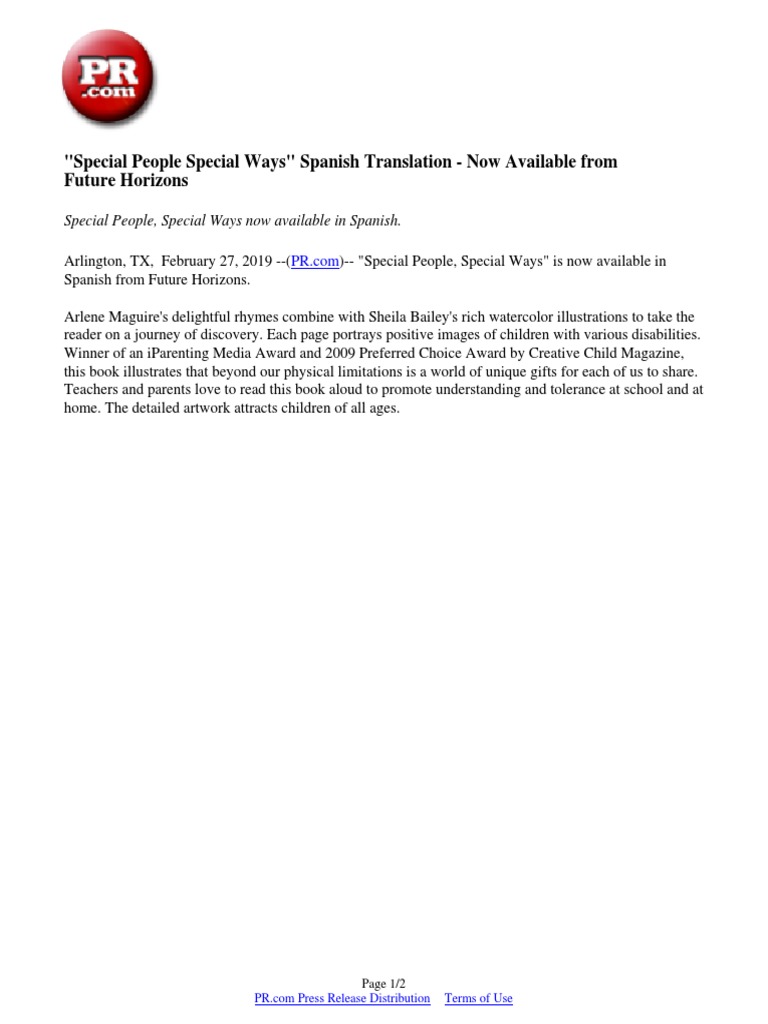 "Special People Special Ways" Spanish Translation - Now Available From ...