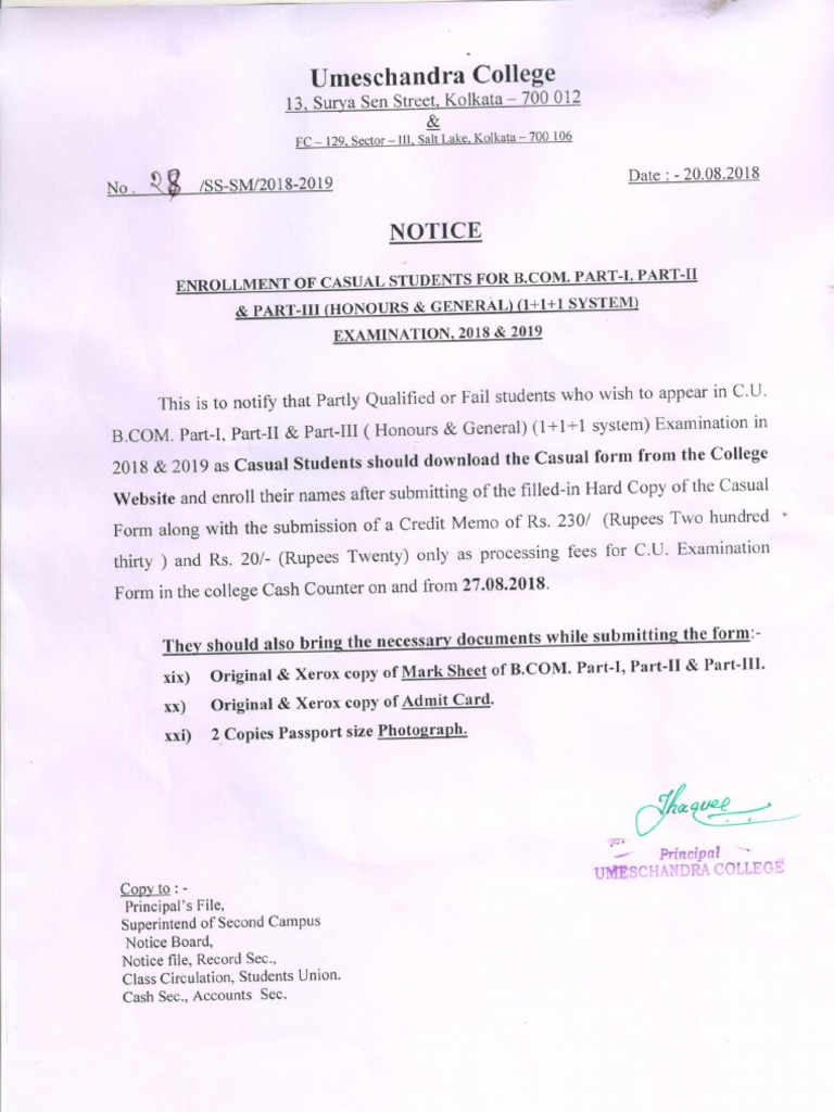 Umeschandra College B.Com Casual Enrollment Notice | PDF | Business