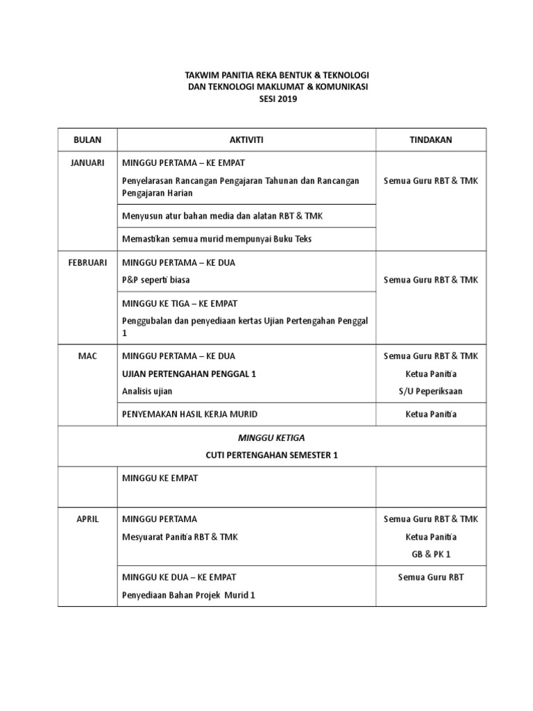 Takwim Tahunan Panitia RBT TMK 2019 | PDF