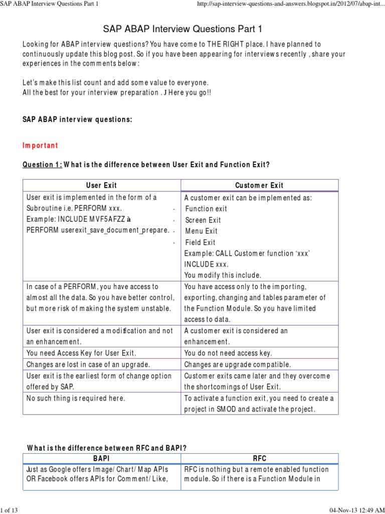 Abap Questions Part 1 Pdf Application Programming Interface Subroutine