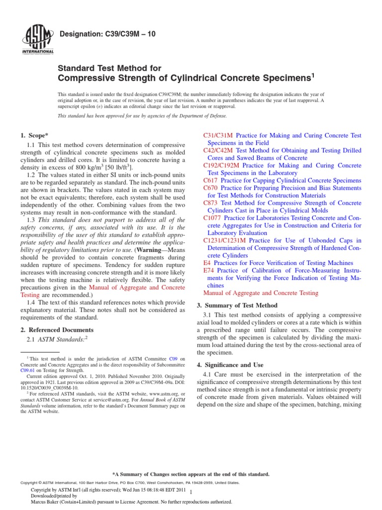 ASTM C39-C39M-10 - Compressive Strength of Cylindrical Concrete ...