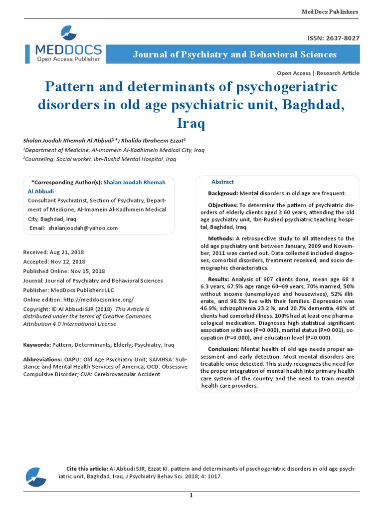 Pattern and Determinants of Psychogeriatric Disorders in Old Age ...